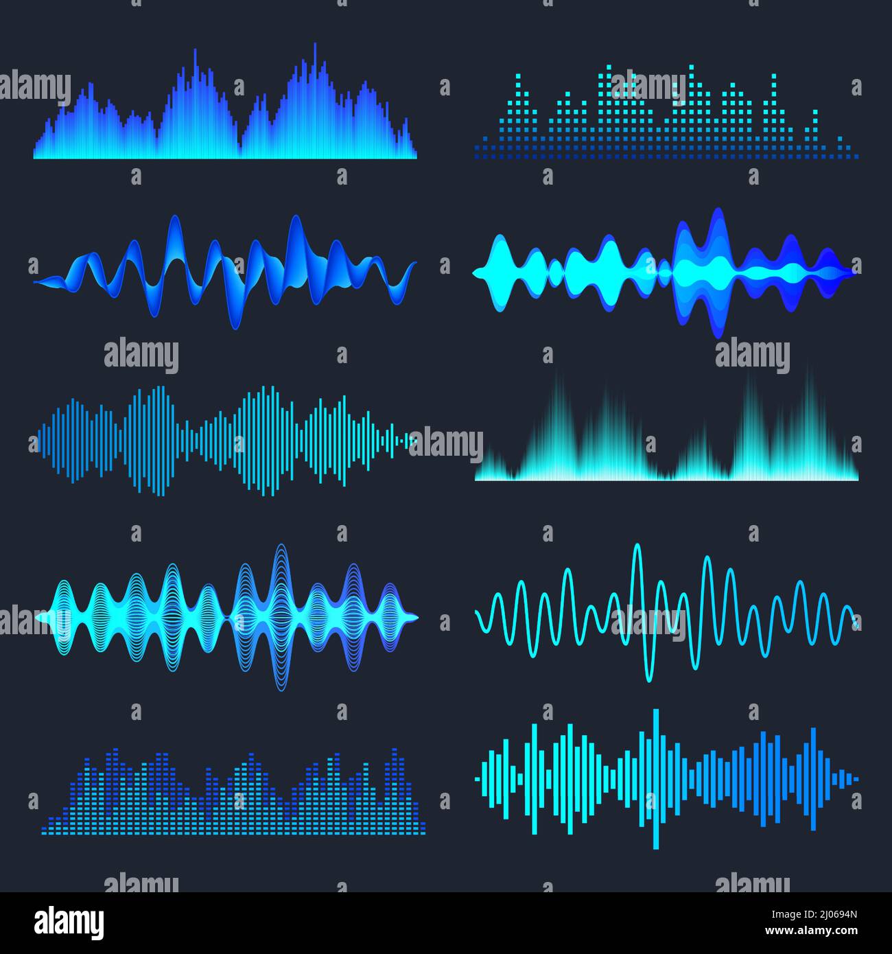 Blue colorful sound waves collection. Analog and digital audio signal ...
