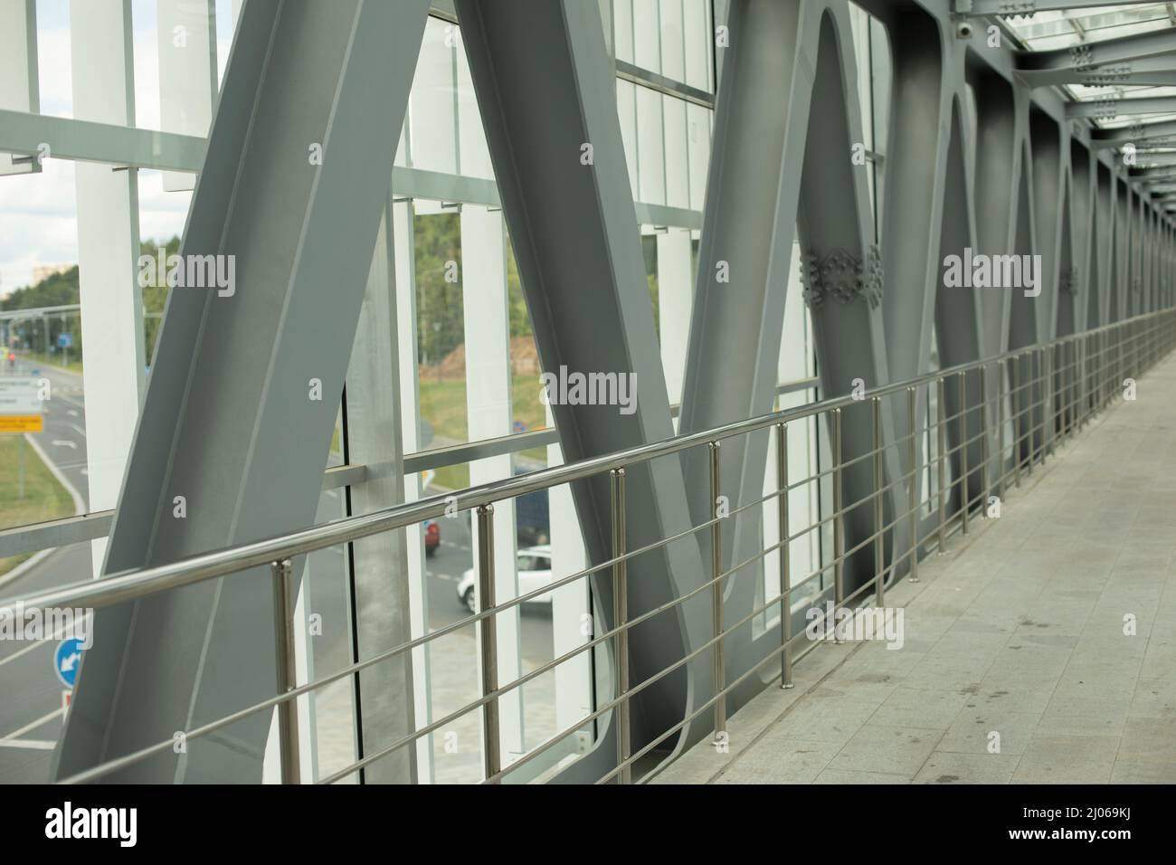 Modern industrial architecture. Bridge of steel beams. Pedestrian ...