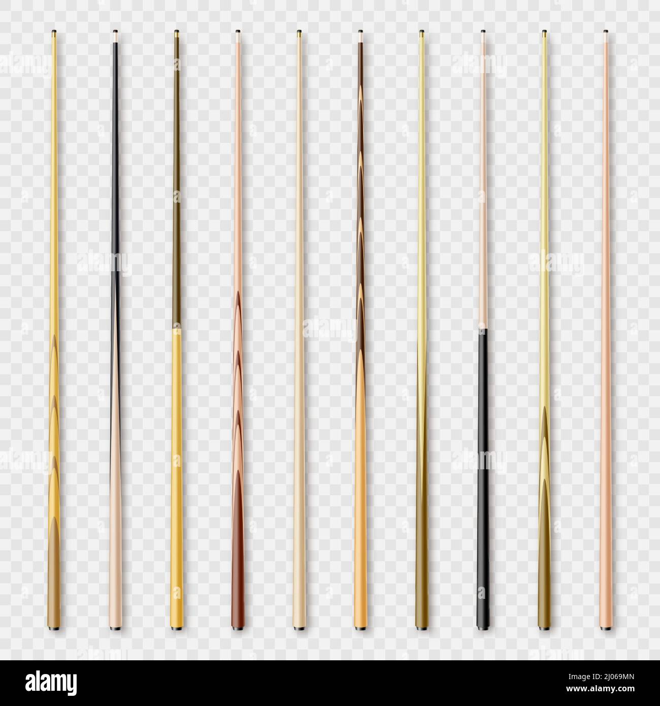 Various wooden billiard cues. Snooker sports equipment. Vintage pool ...