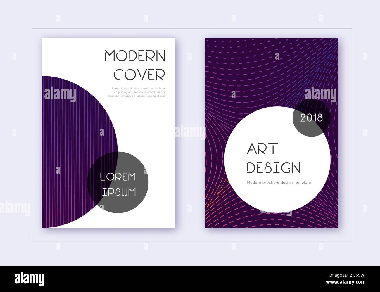Trendy cover design template set. Violet abstract lines on dark ...