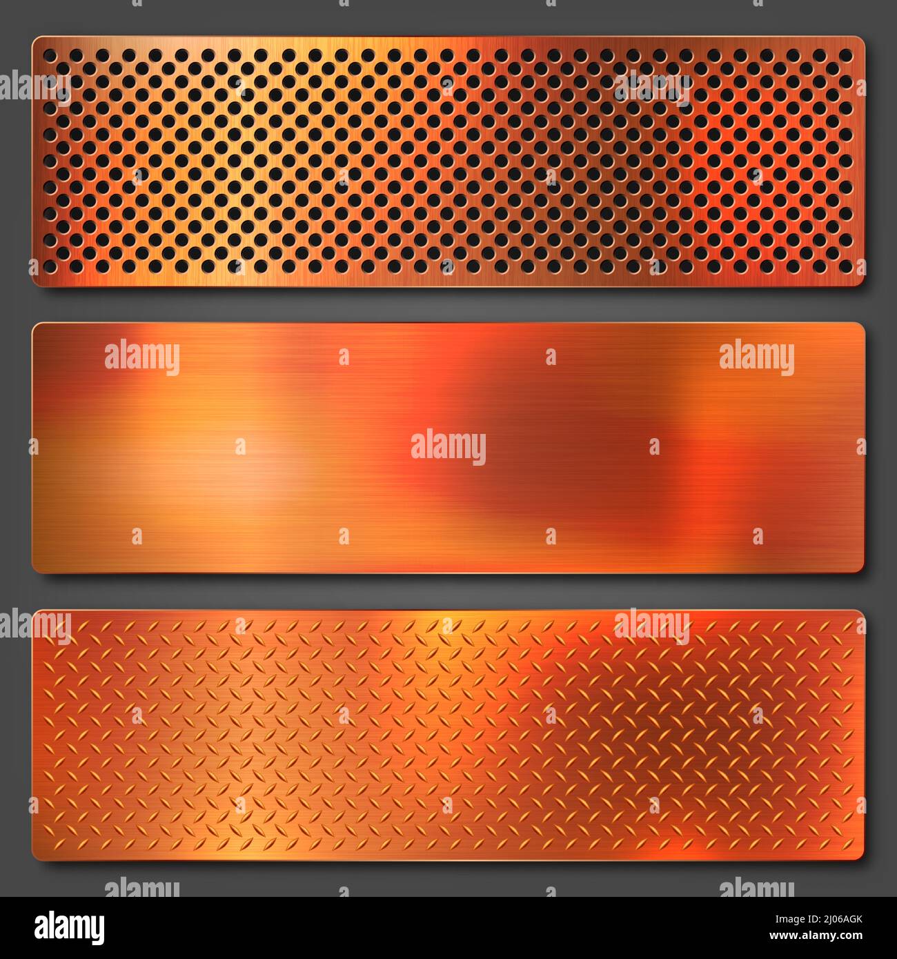 Realistic copper banners collection. Brushed stainless steel plate ...