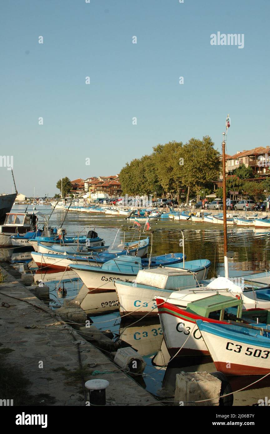 Boats Anchored at Seaside Dock Stock Photo - Alamy