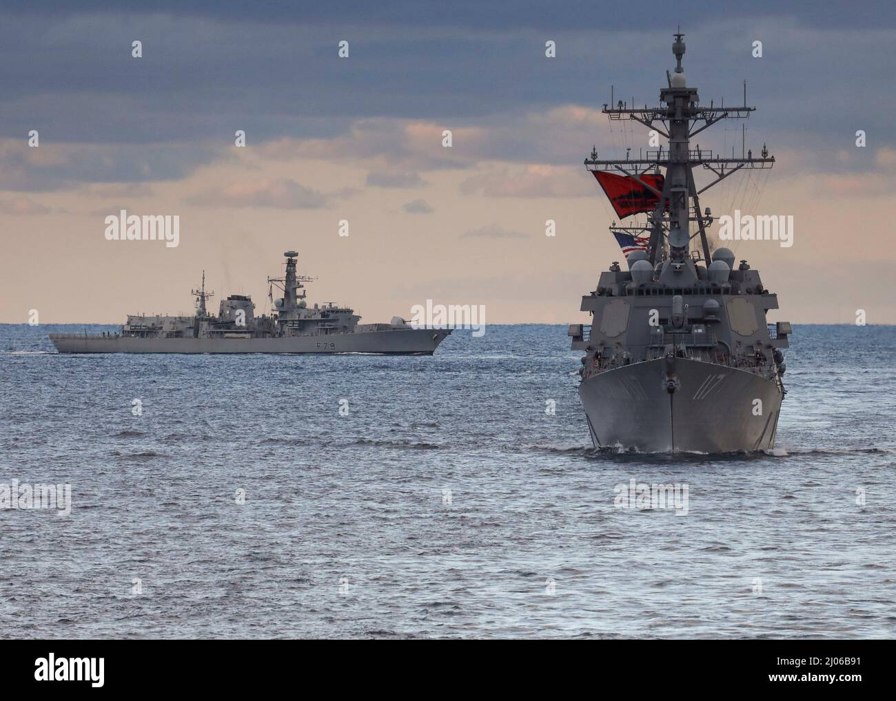 ATLANTIC OCEAN (March 15, 2022) – The British Royal Navy frigate HMS Portland (F79), left ...
