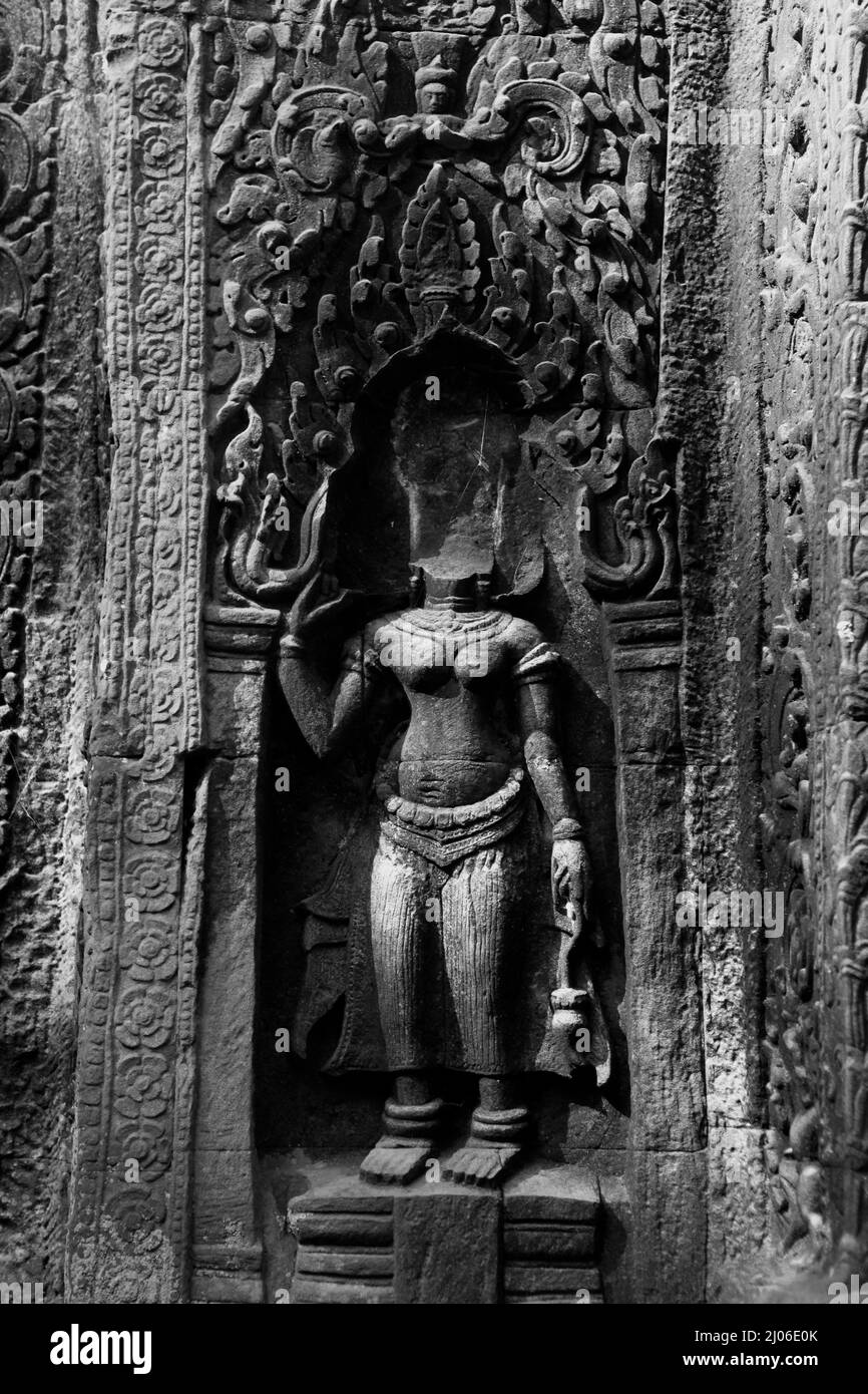 Apsara figure at the wall of Ta Prohm, Siem Reap, Cambodia (black and ...