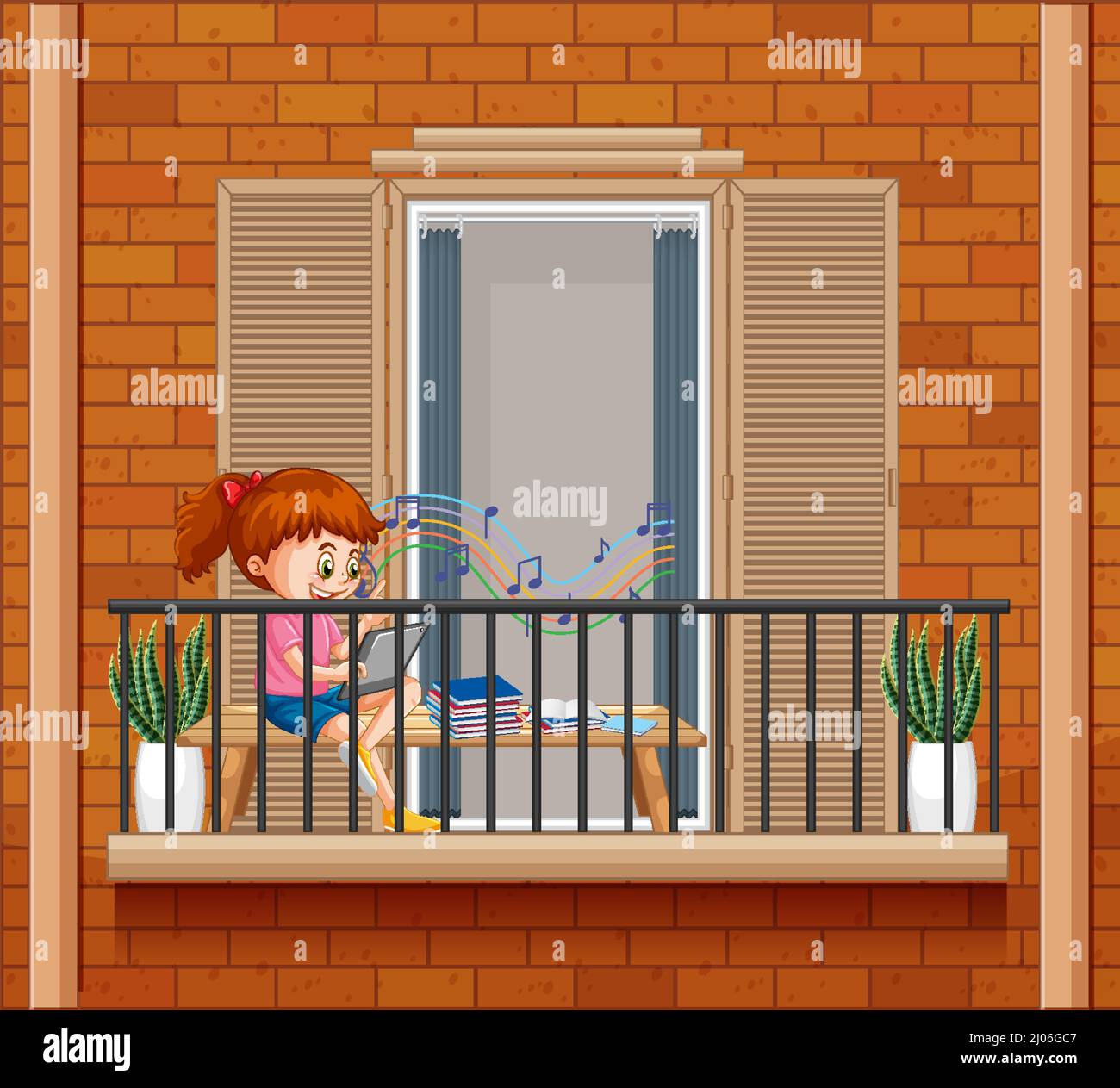 Balcony scene with a girl cartoon character illustration Stock Vector ...