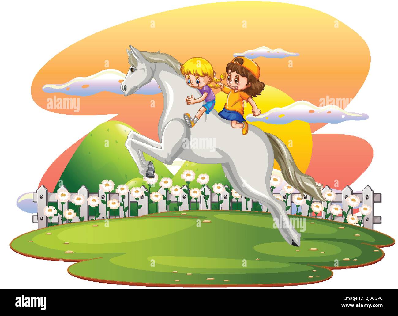 A scene of girl and friend riding on a horse illustration Stock Vector ...