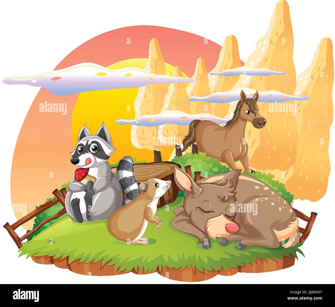 Isolated scene with different cute animals illustration Stock Vector ...