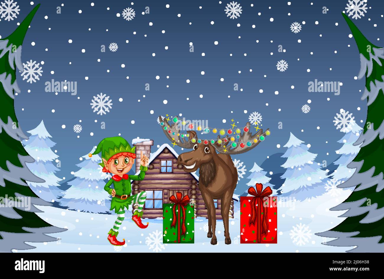 Snowy night scene with Christmas cartoon characters illustration Stock ...