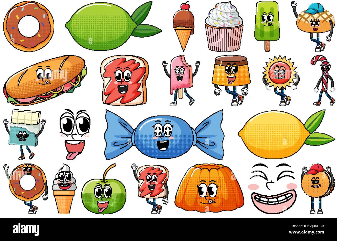 Set of facial expression with vintage style food cartoon on white ...