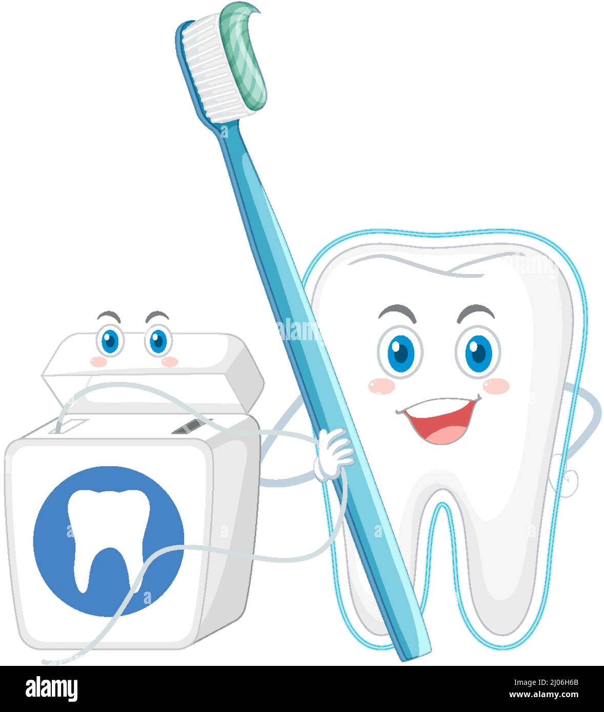 Happy big tooth holding toothpaste with dental floss on white ...