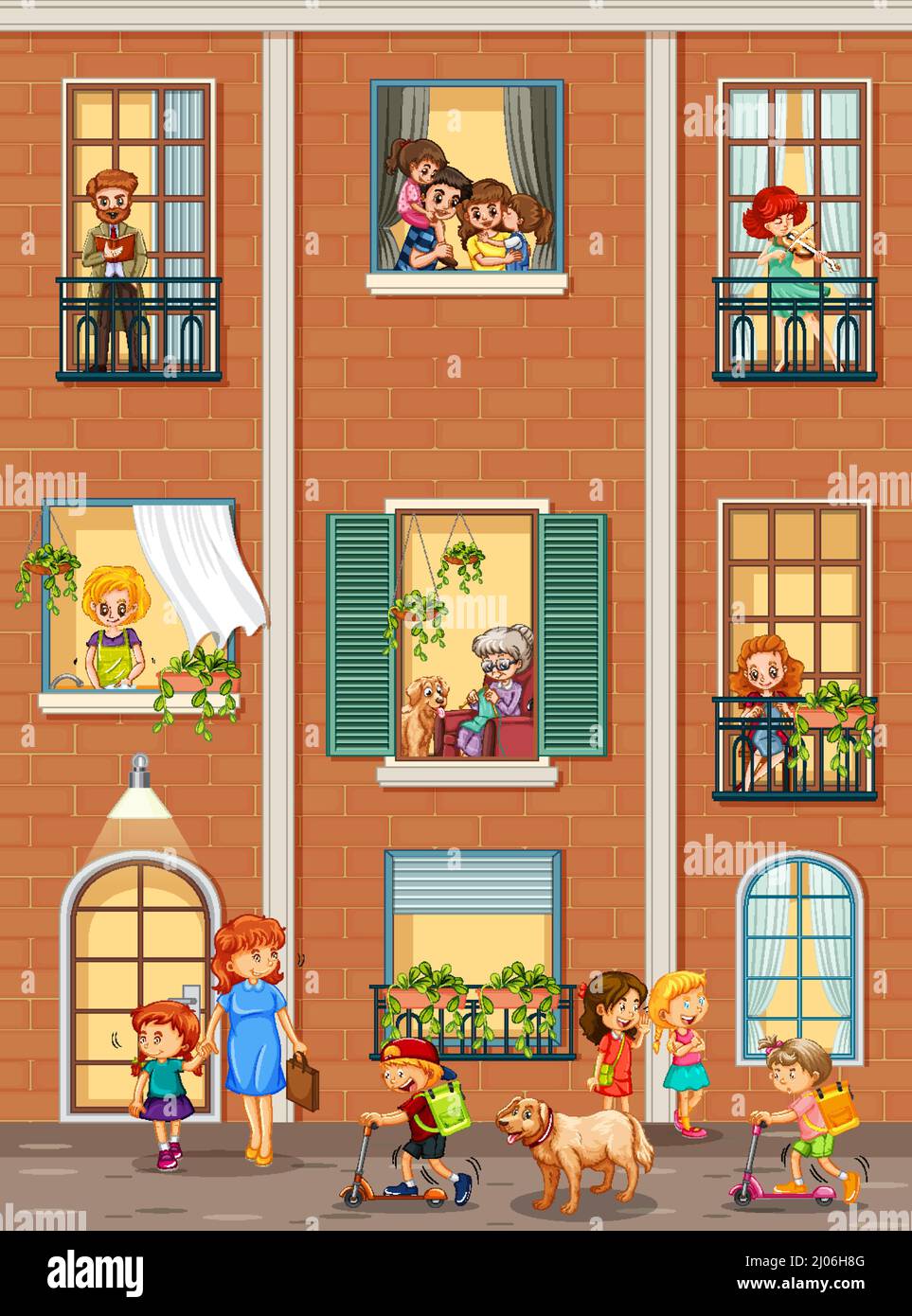 Apartment windows with neighbors cartoon character illustration Stock ...