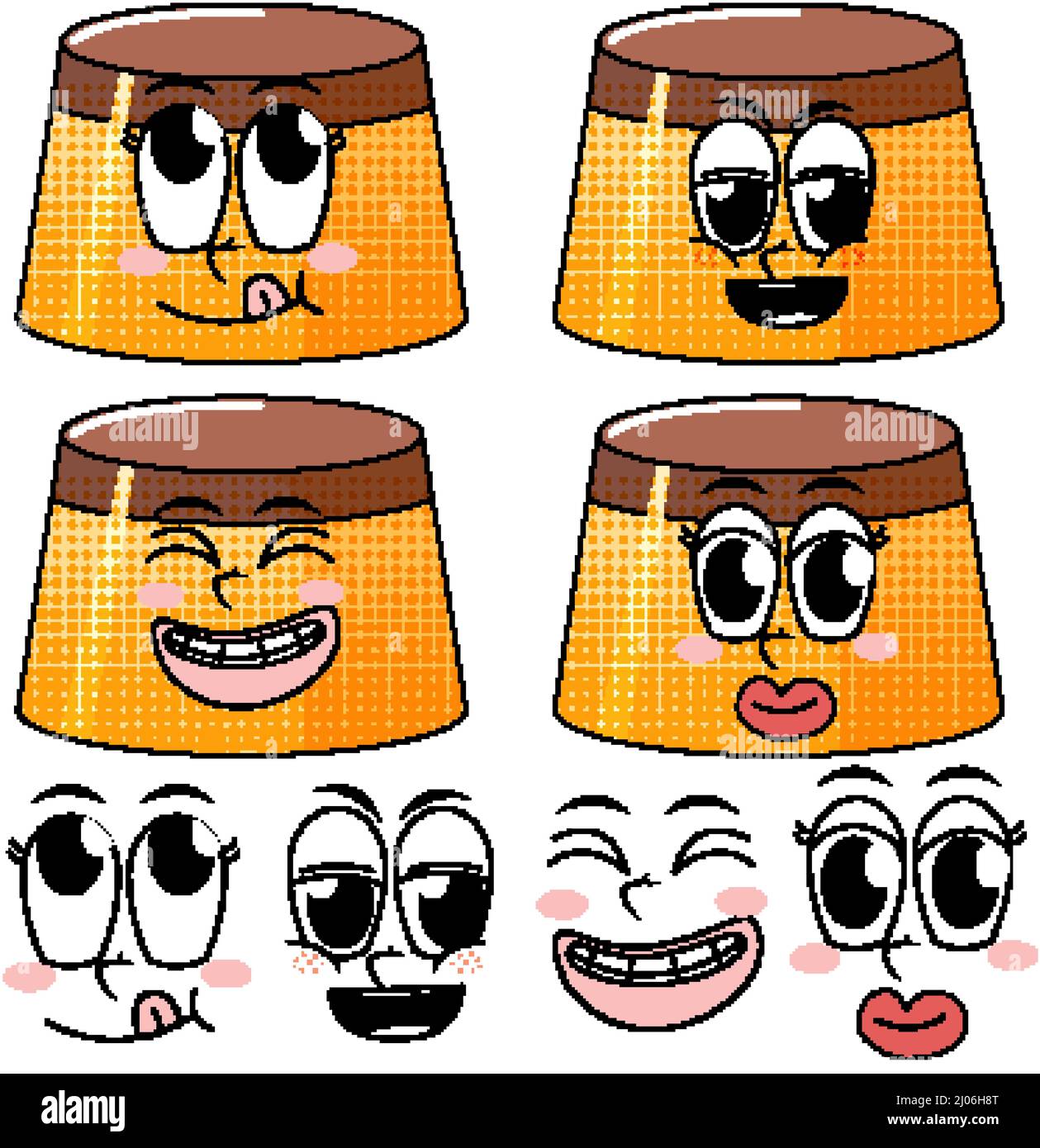 Set of facial expression vintage style cartoon with pudding on white ...