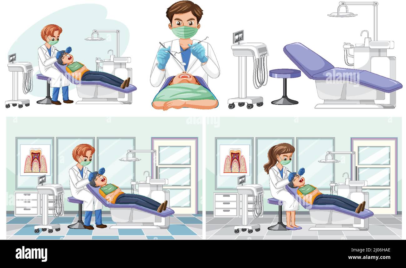 Set of dentist instruments examining patient teeth illustration Stock ...