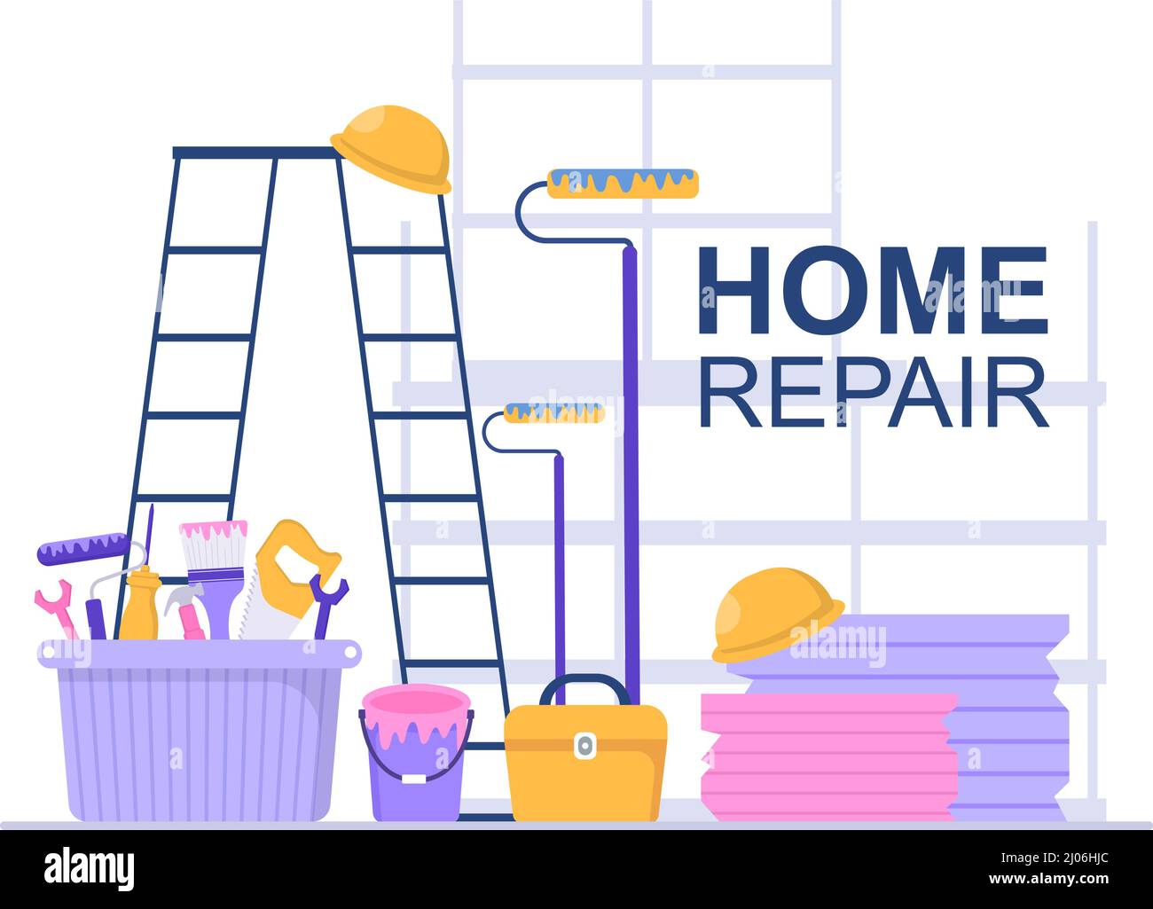 Home Renovation or Repair with Construction Tools, Laying Floor Tiles ...