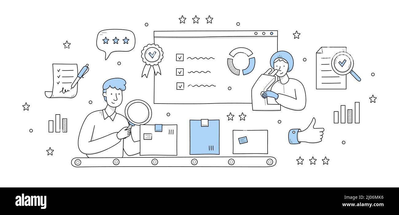 Quality control doodle concept. Product manufacturing and safety ...
