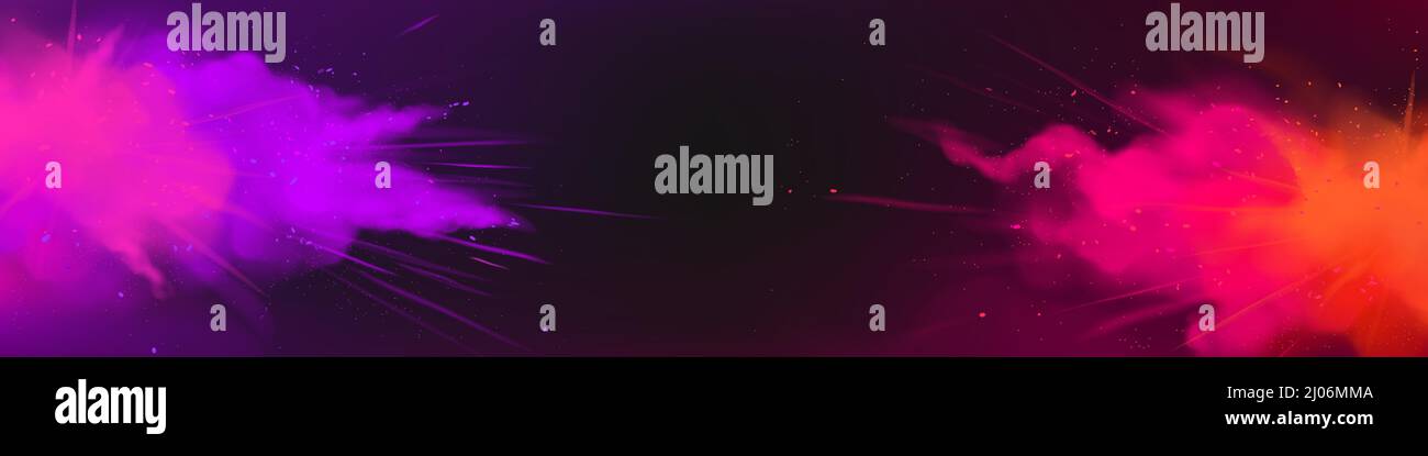 Banner with color powder explosions, splashes of pink, orange and ...