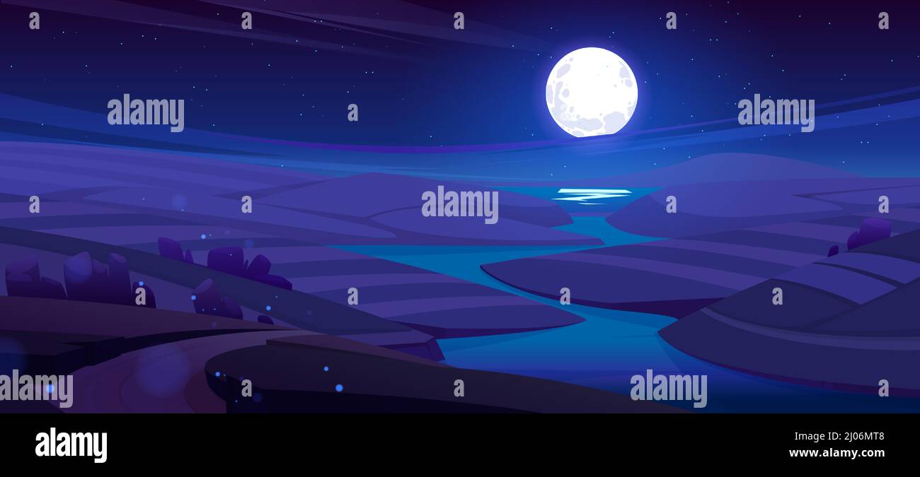 Night rustic meadow landscape, rural field, river and dirt road under ...