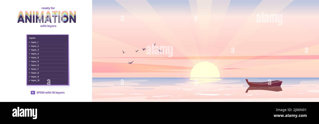 Sea landscape with wooden boat and rising sun on horizon at morning ...