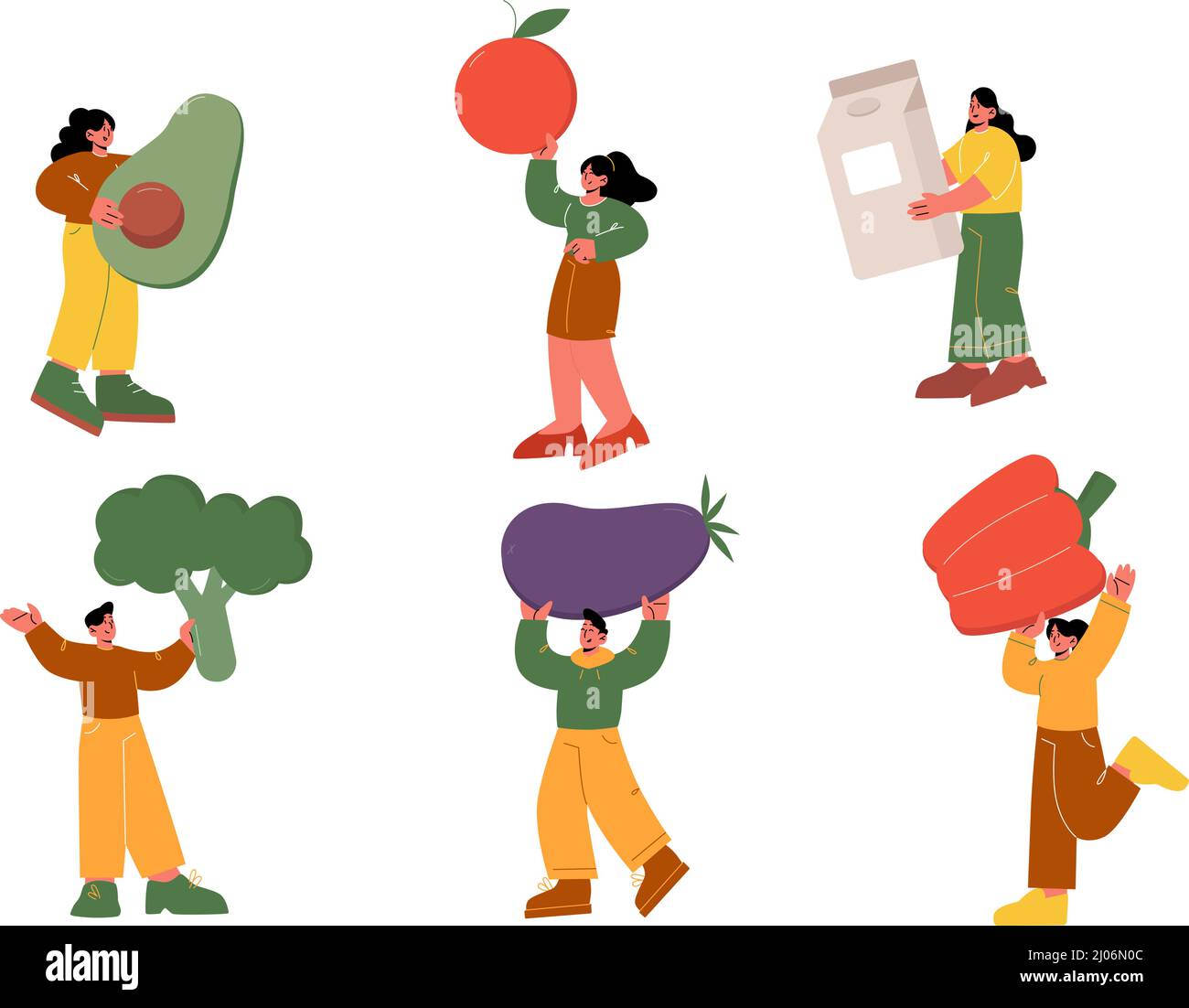 Tiny characters with huge healthy food fruits, vegetables and dairy ...