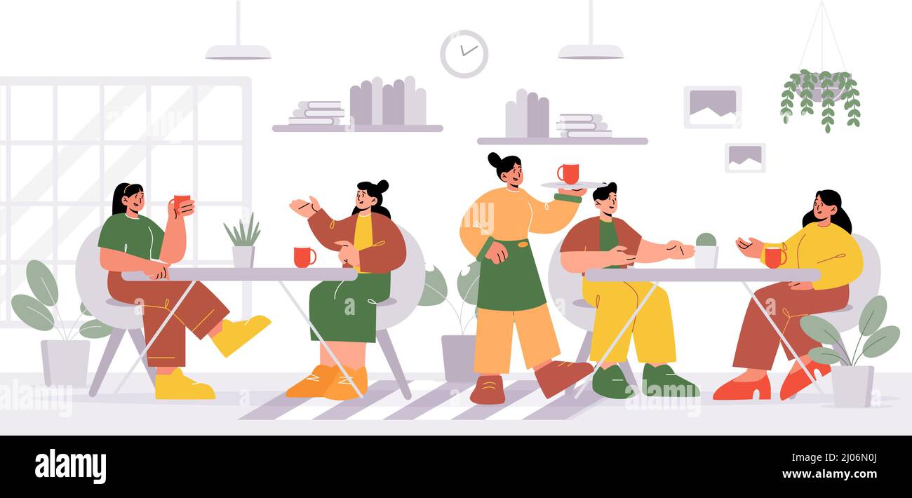 People visiting cafe, men and women sitting at tables drinking ...