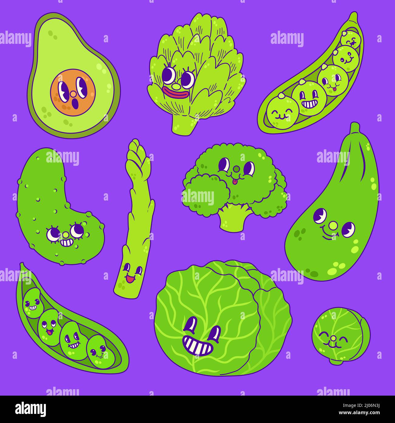 Hand drawn trendy cartoon veggies set, vector Stock Vector Image & Art ...