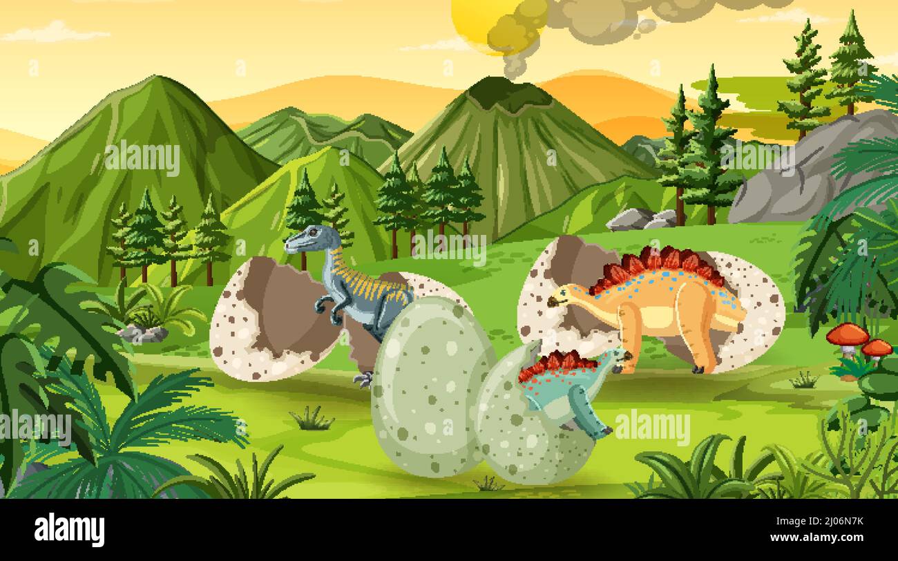 Prehistoric forest with dinosaur cartoon illustration Stock Vector ...