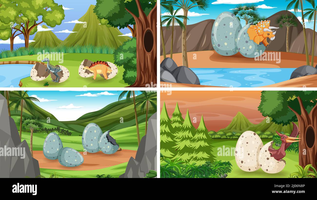 Different prehistoric forest scenes with dinosaur cartoon illustration ...