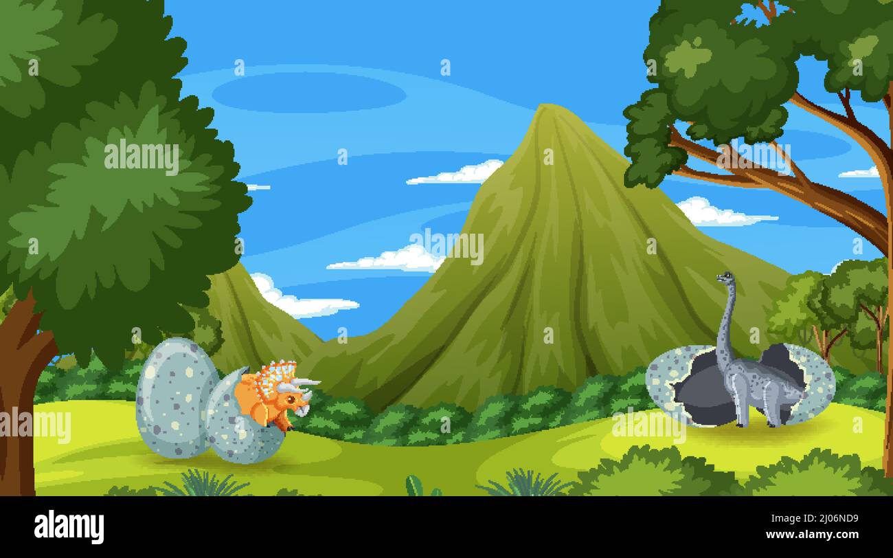 Prehistoric forest with dinosaur cartoon illustration Stock Vector ...