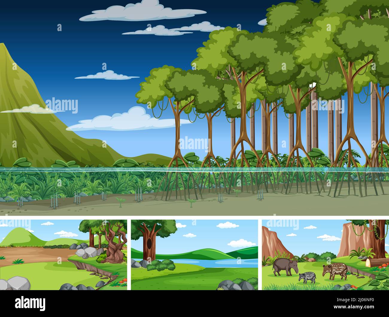 Four scenes with big trees in forest illustration Stock Vector Image ...