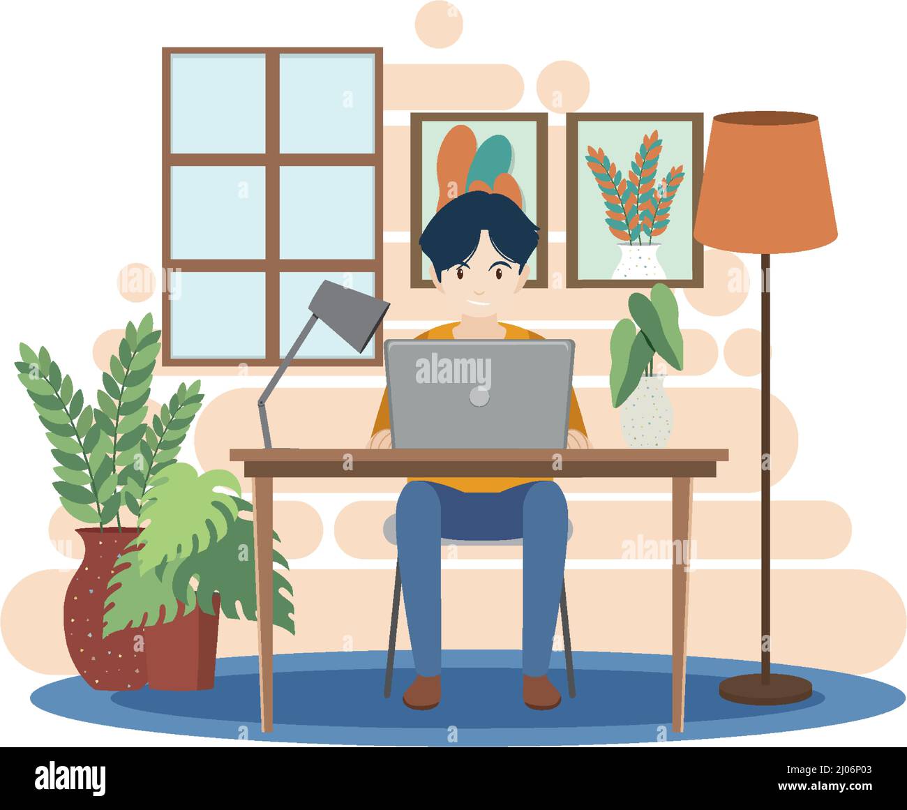 A man working using laptop flat design illustration Stock Vector Image ...