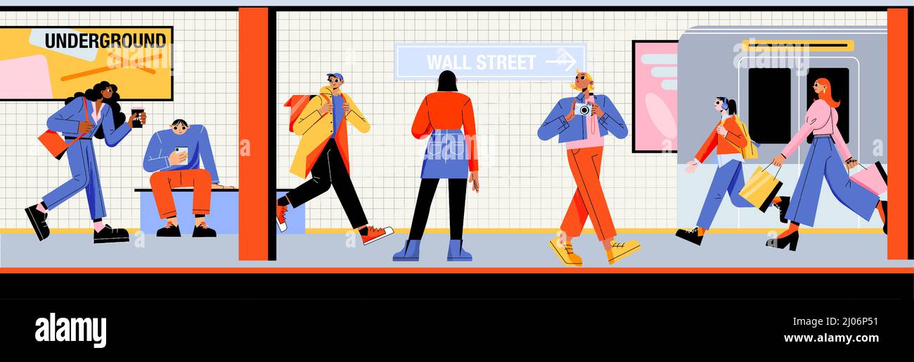 People at subway platform with train leaving metro station. Passengers ...