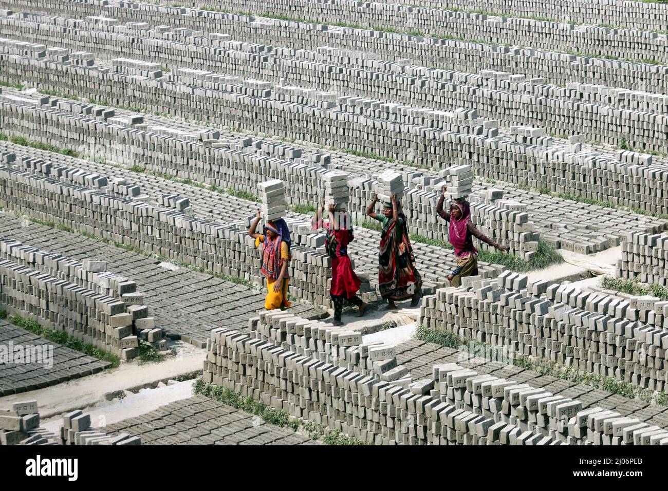 Workers transport bricks on their heads at a brick factory. Due to the ...