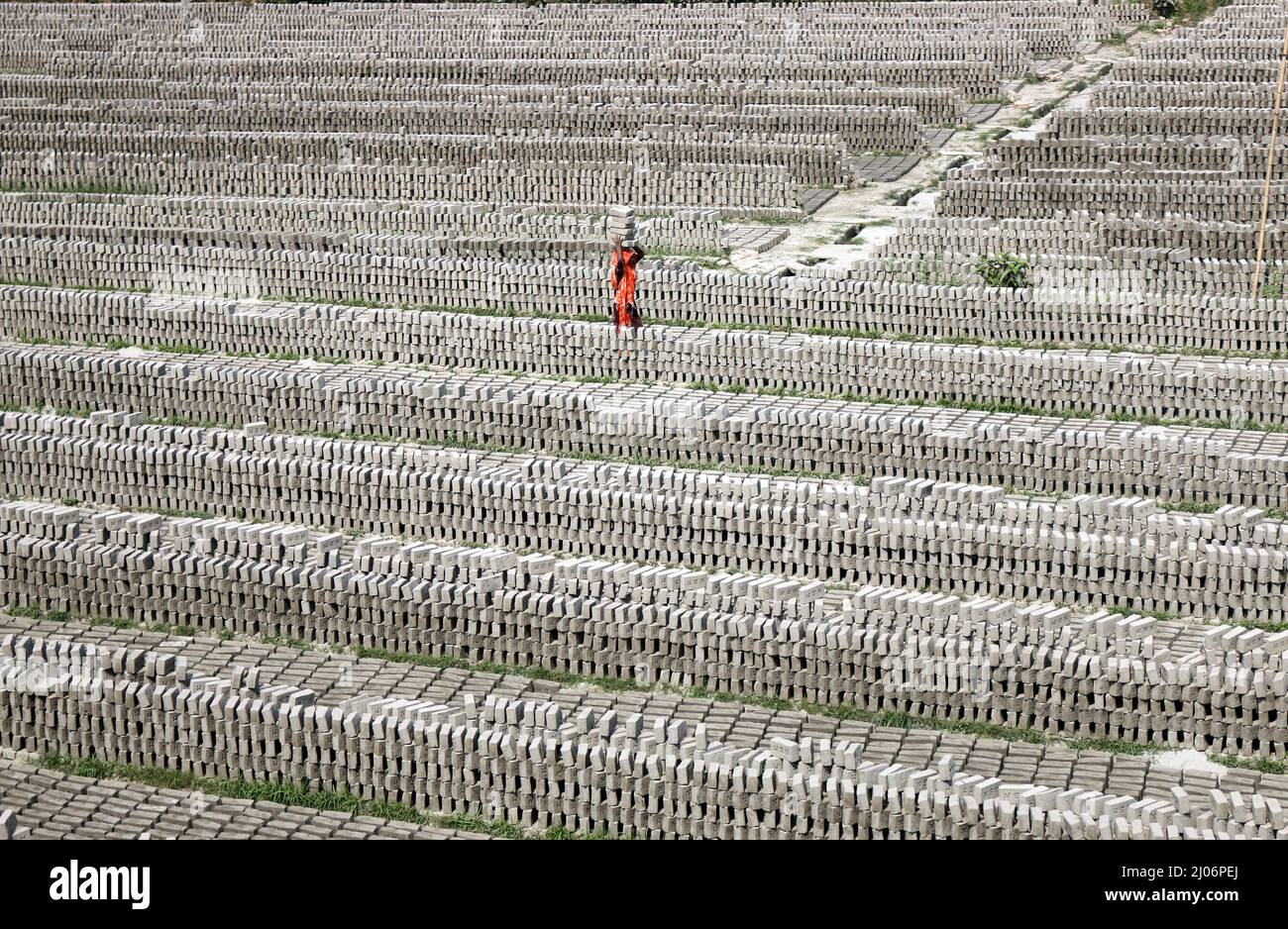 Workers transport bricks on their heads at a brick factory. Due to the ...