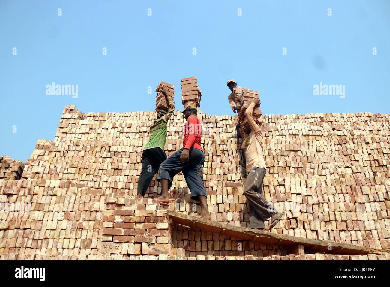 Workers transport bricks on their heads at a brick factory. Due to the ...