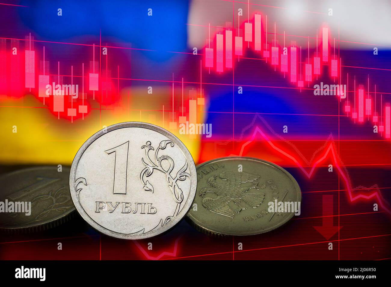 Ruble Fall Ukraine Russian War Sanctions Flags Background Red chart ...
