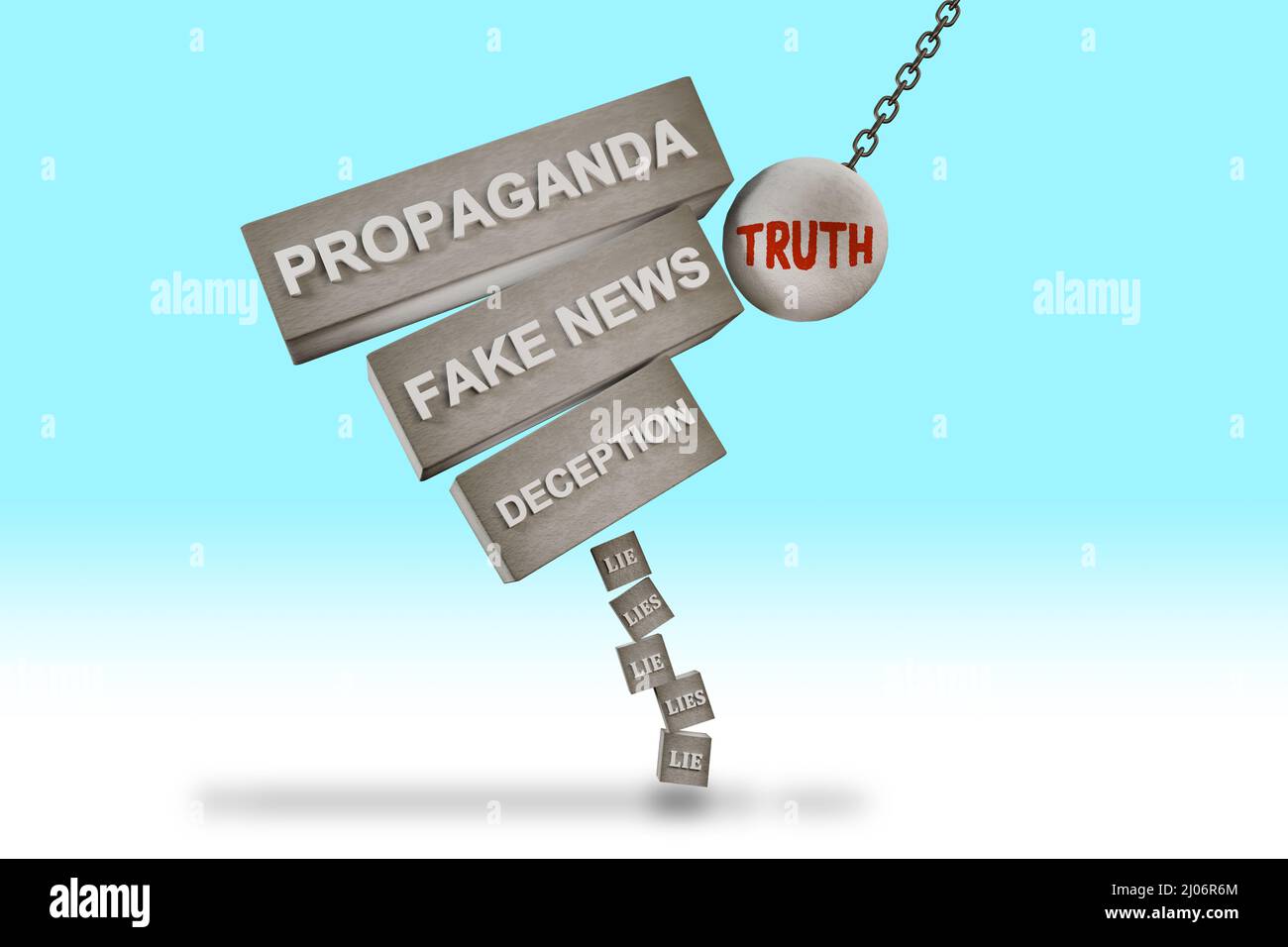Truth knocking propaganda, fake news and deception off blocks of lies ...