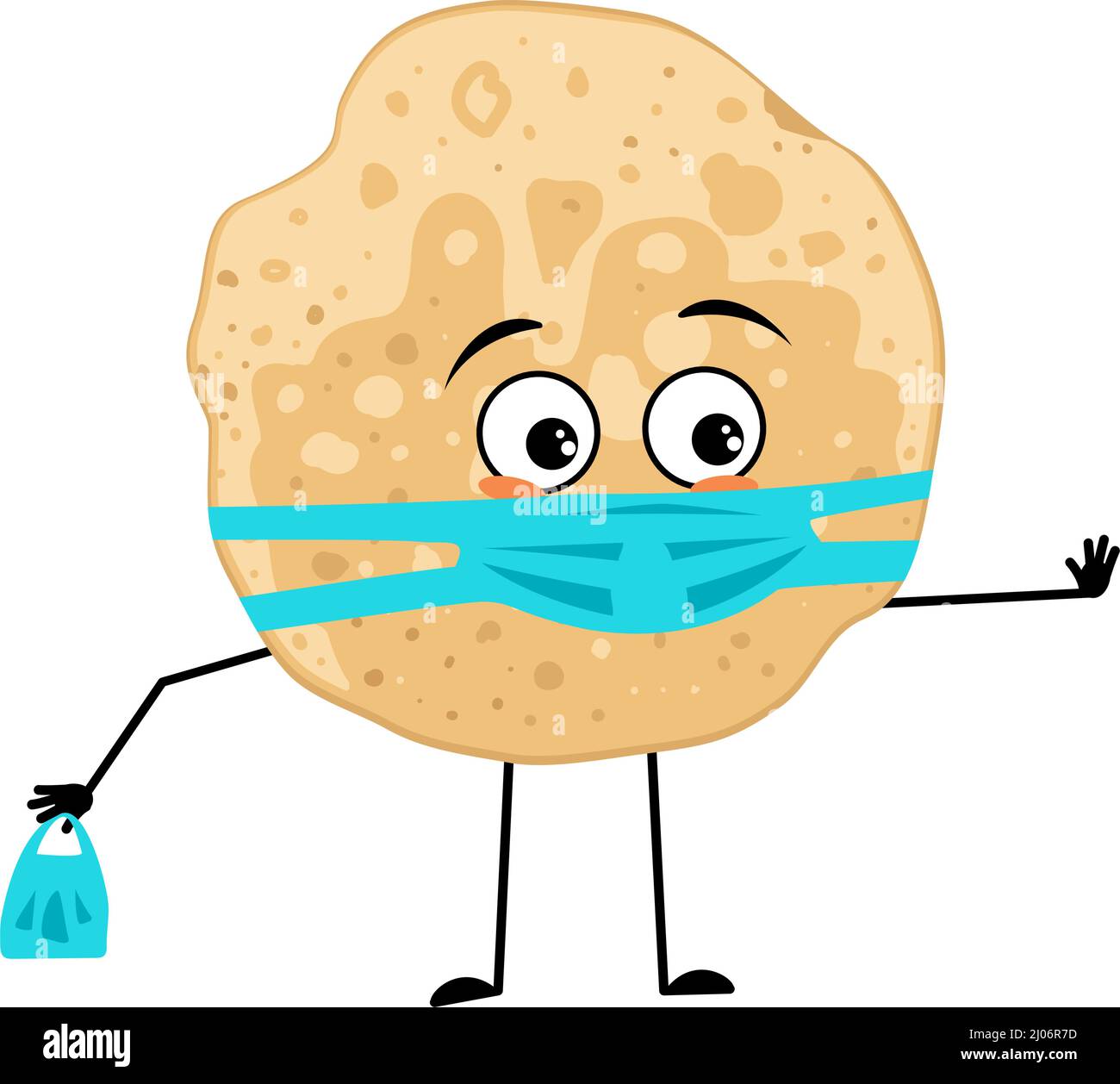 Pancake character with sad emotions, face and mask keep distance, hands ...