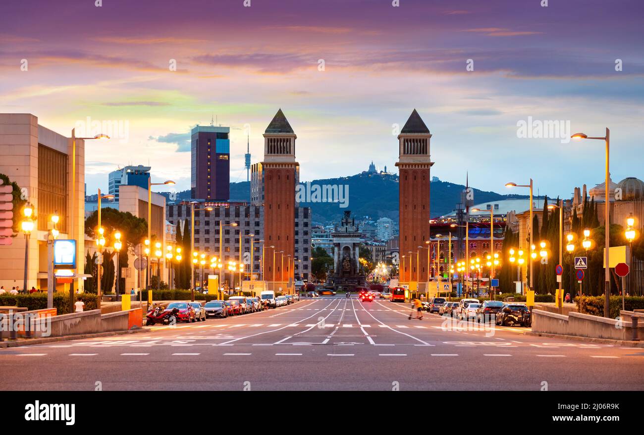 Picturesque Barcelona cityscape in summer evening overlooking lighted ...