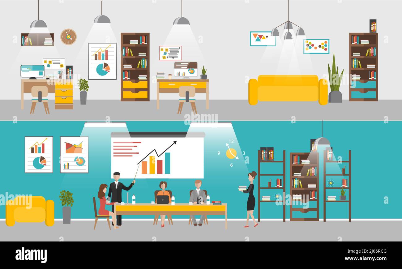 Vector set of office interior banners in flat style design. Business ...