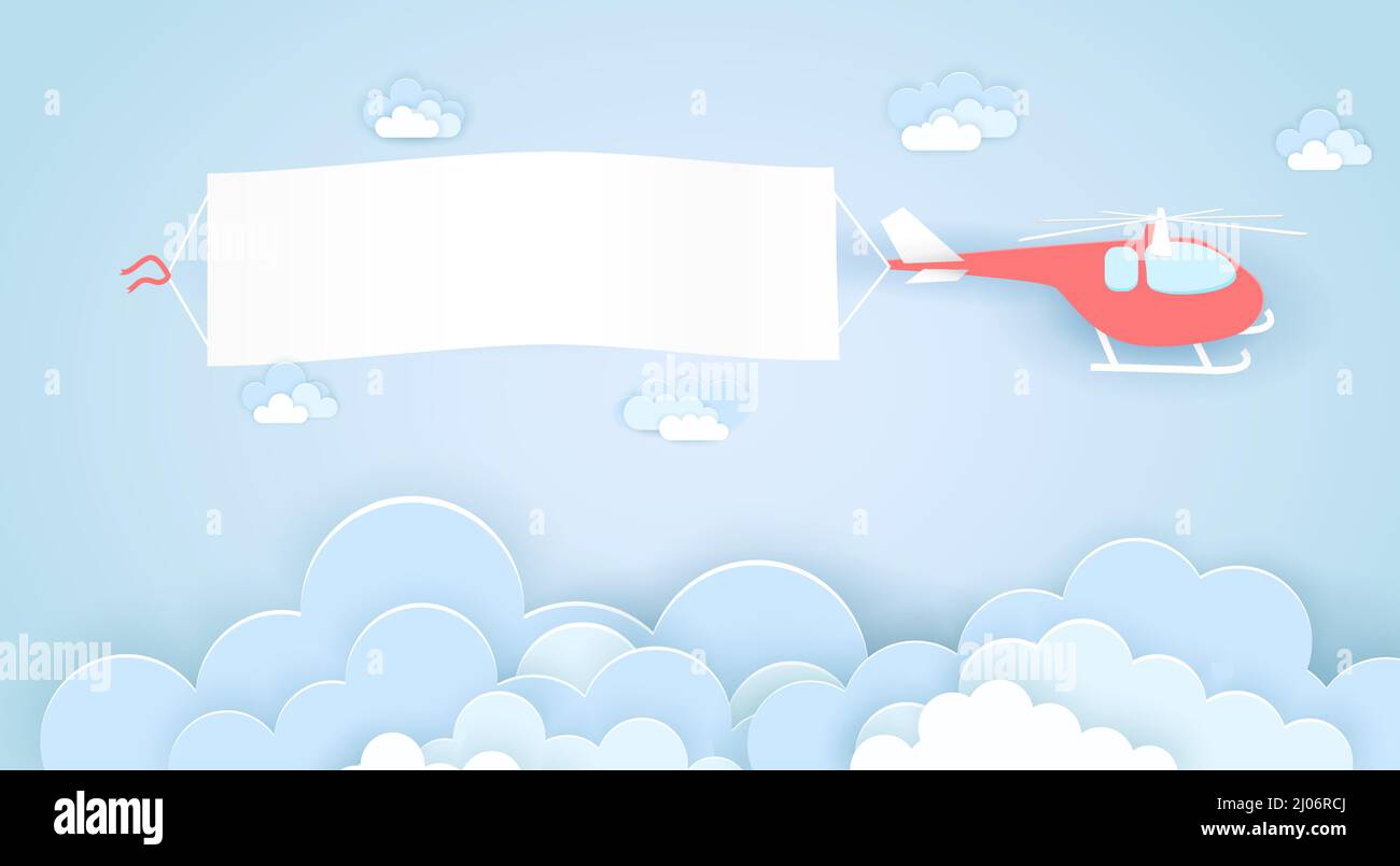 Flying helicopter with empty advertising banner vector concept in paper ...