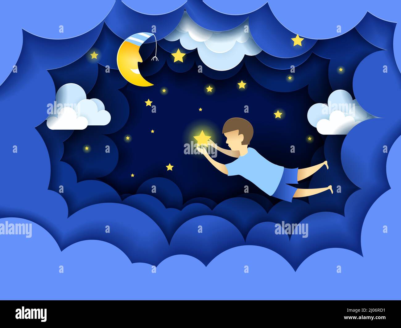Child touching the stars in the sky. Kids dream vector illustration in ...