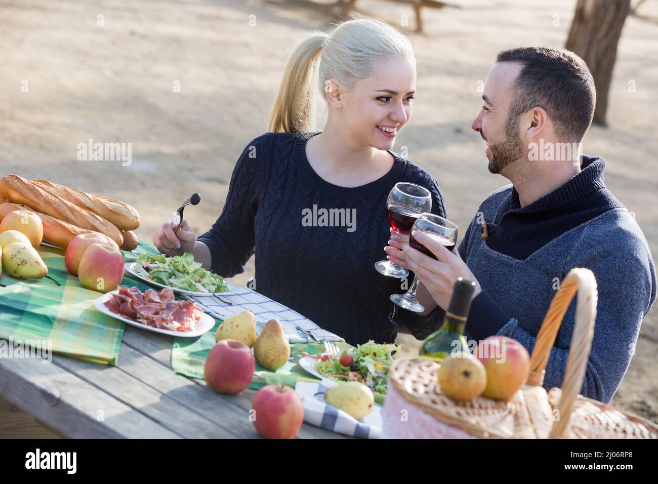 happy european couple drinking wine and talking on picnic Stock Photo ...