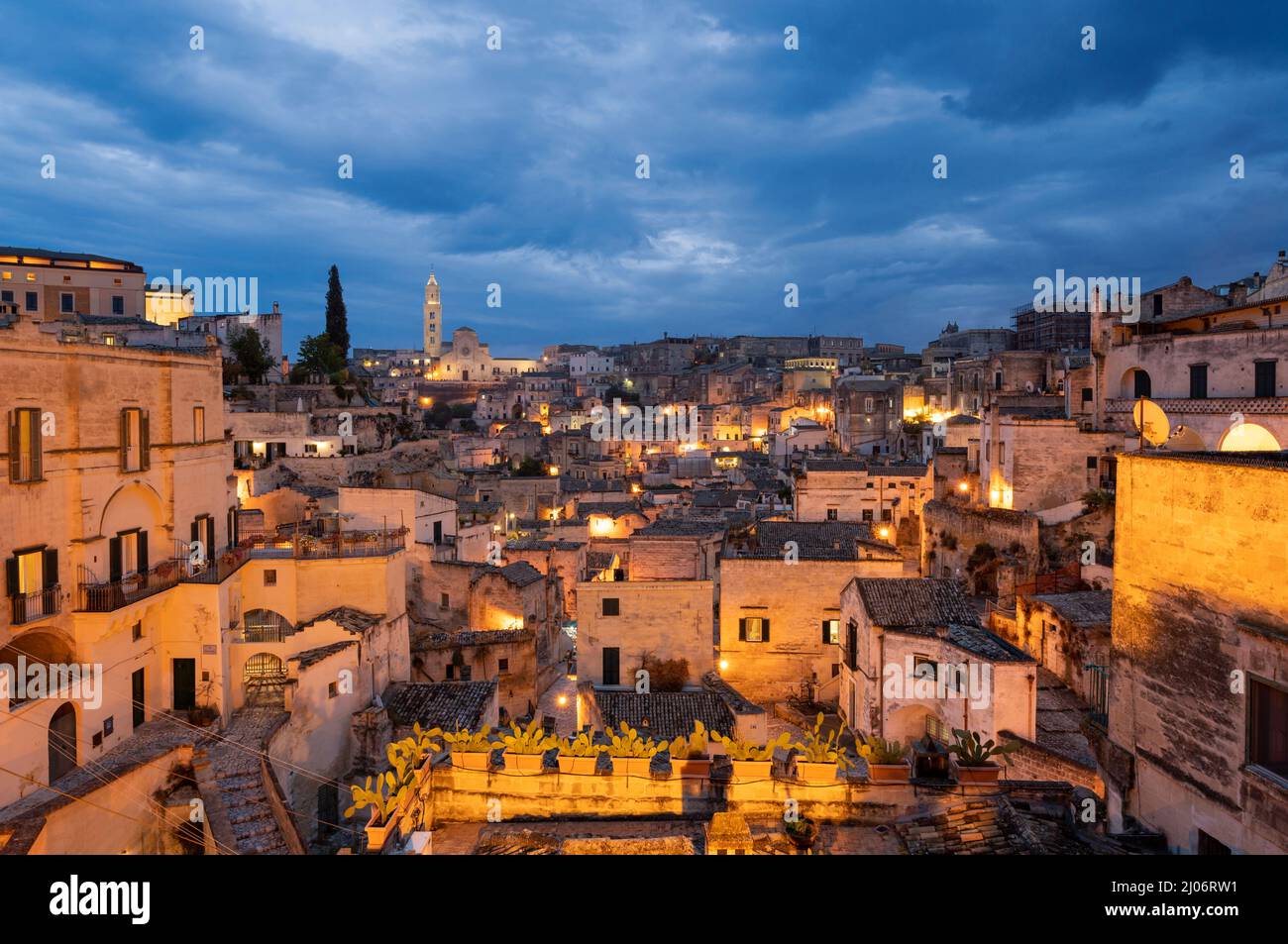 Matera, Basilicata, Italy.August 2021. Cityscape at blue hour with wide ...