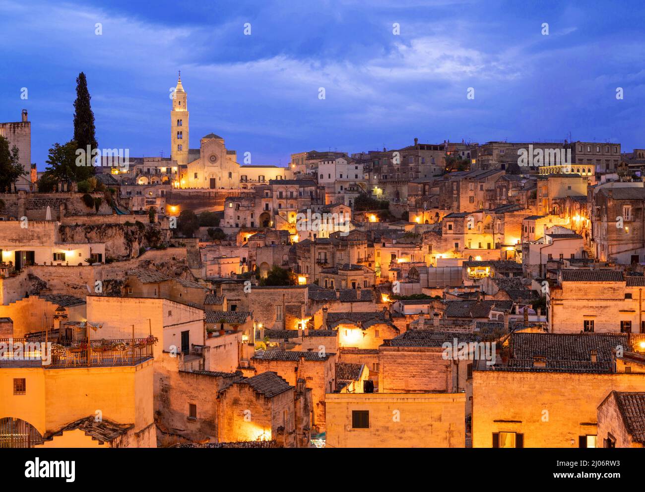 Matera, Basilicata, Italy.August 2021. Cityscape at blue hour with wide ...