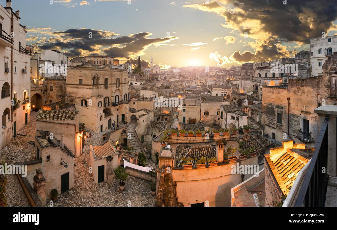 Matera, Basilicata, Italy.August 2021. Cityscape at blue hour with wide ...