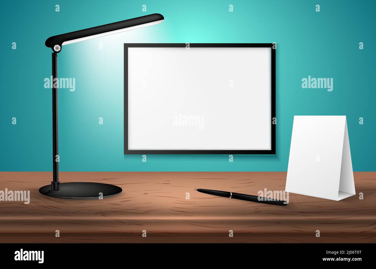 3d desk lamp on wooden table lights up empty posters on a wall. Vector ...