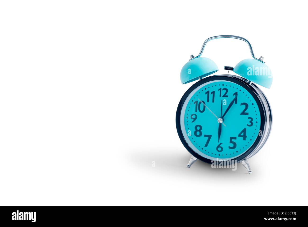 Blue alarm clock isolated over white background Stock Photo - Alamy