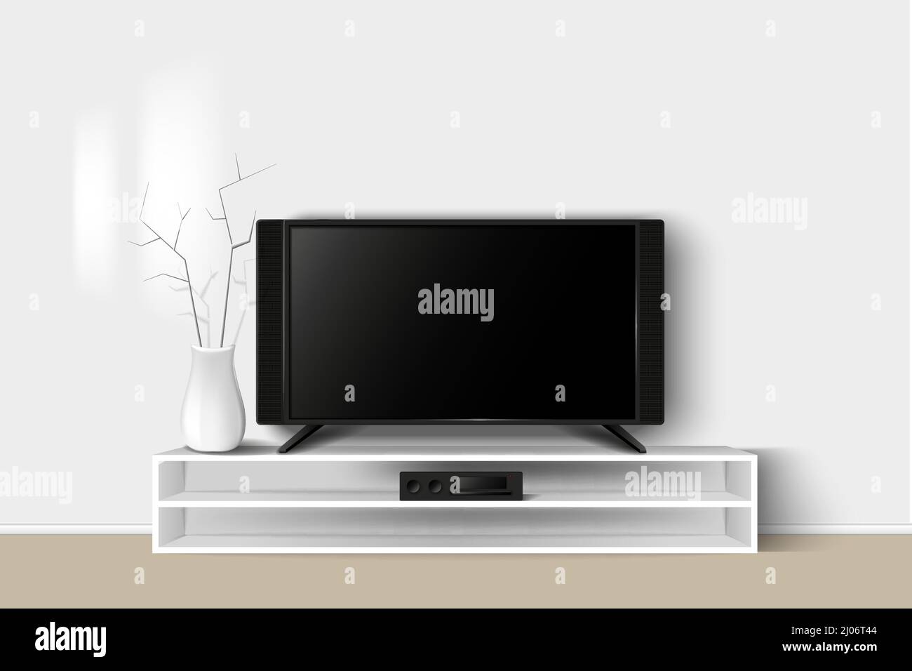Vector 3d illustration of LED TV stand on a wooden table. House living ...