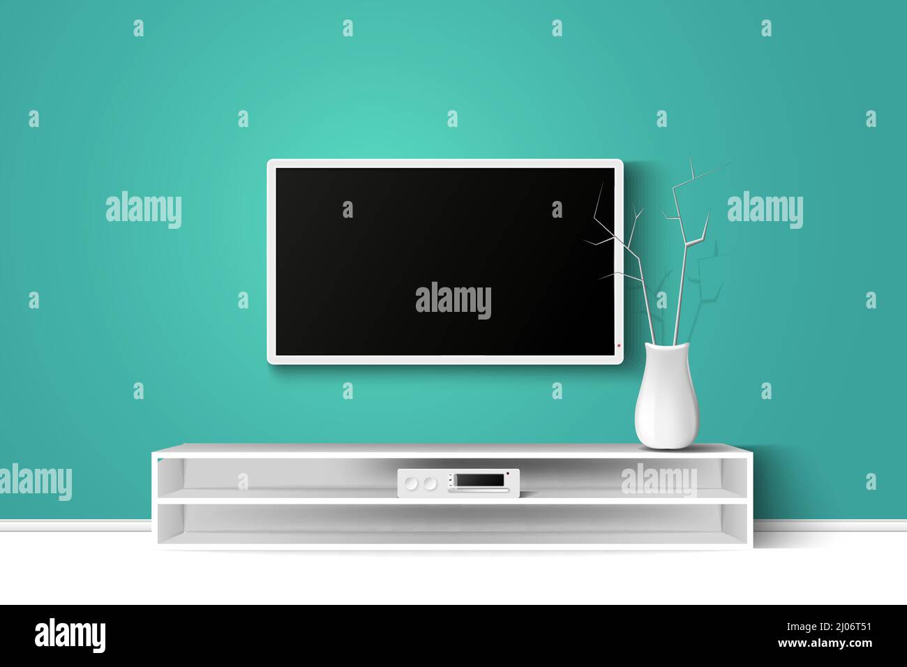 Vector 3d illustration of LED TV stand on a wooden table. House living ...