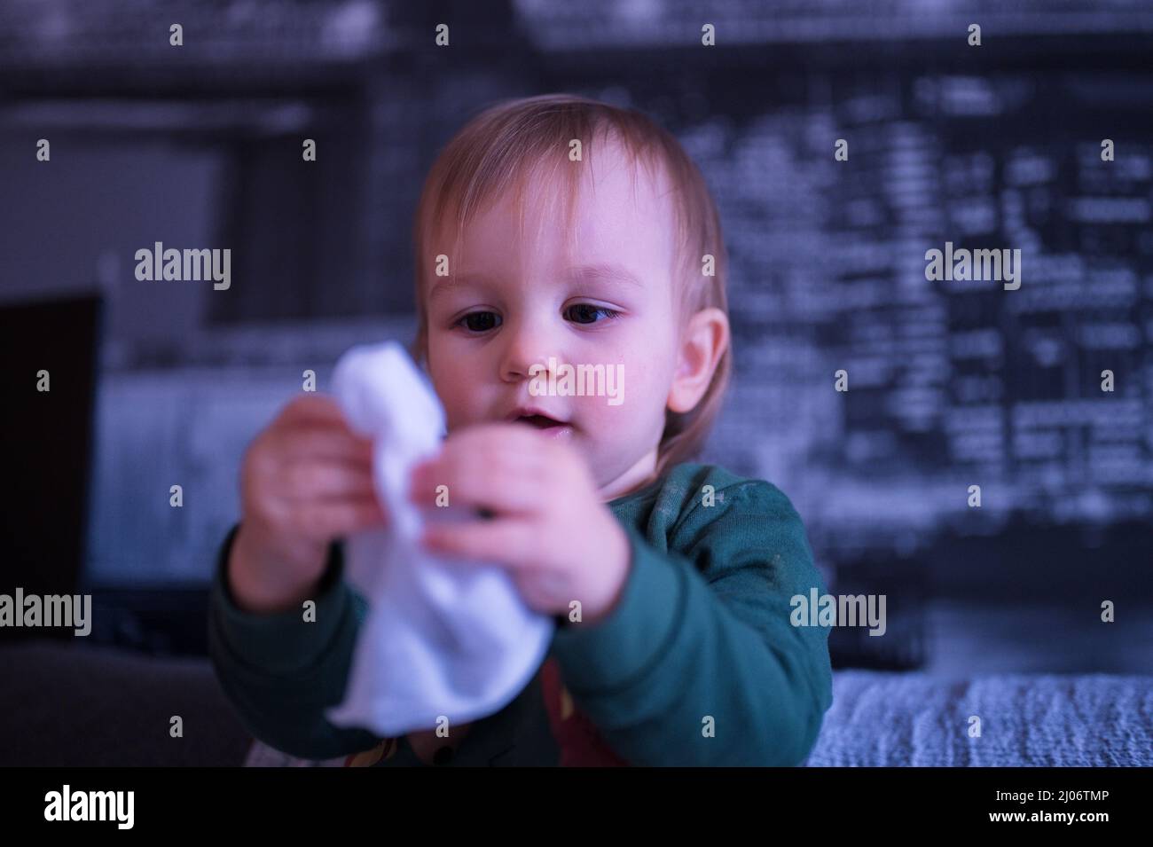 Portrait of cute little boy holding wet tissue Stock Photo - Alamy